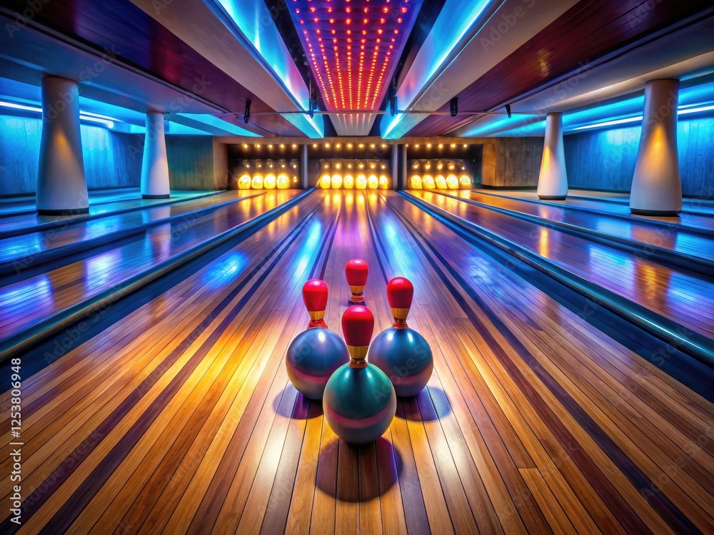 Architectural lines converge above a perfectly executed bowling strike ...
