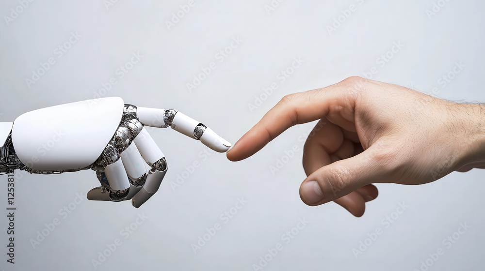 image depicts human hand reaching out to touch robotic hand, symbolizing interaction between ...