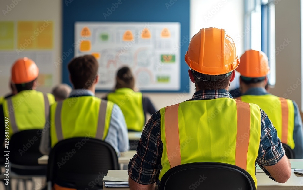 Construction workers attending a safety training course in a classroom ...