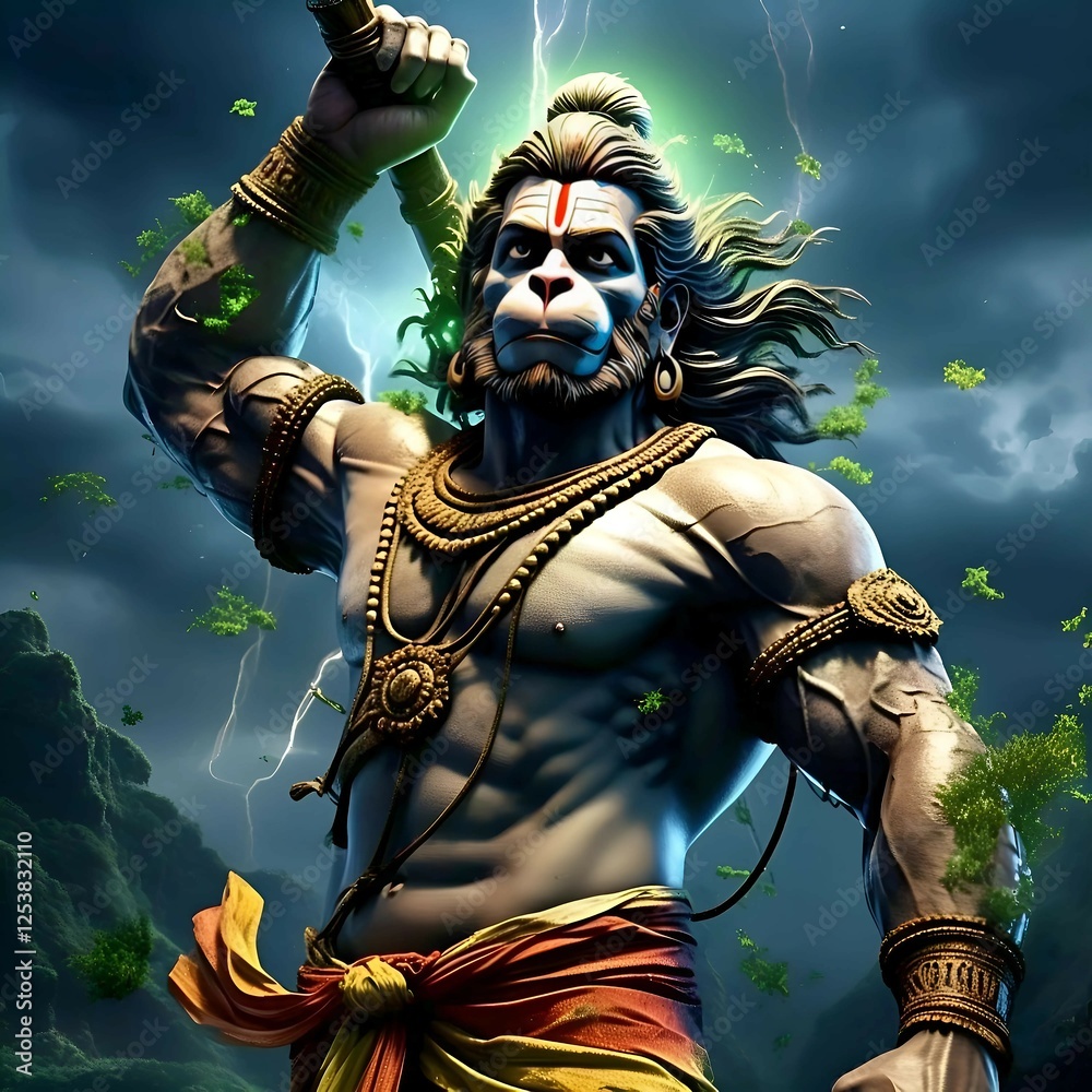 Lord Hanuman, Gada Weapon, Lightning Storm, Thunder Clouds, Jungle ...