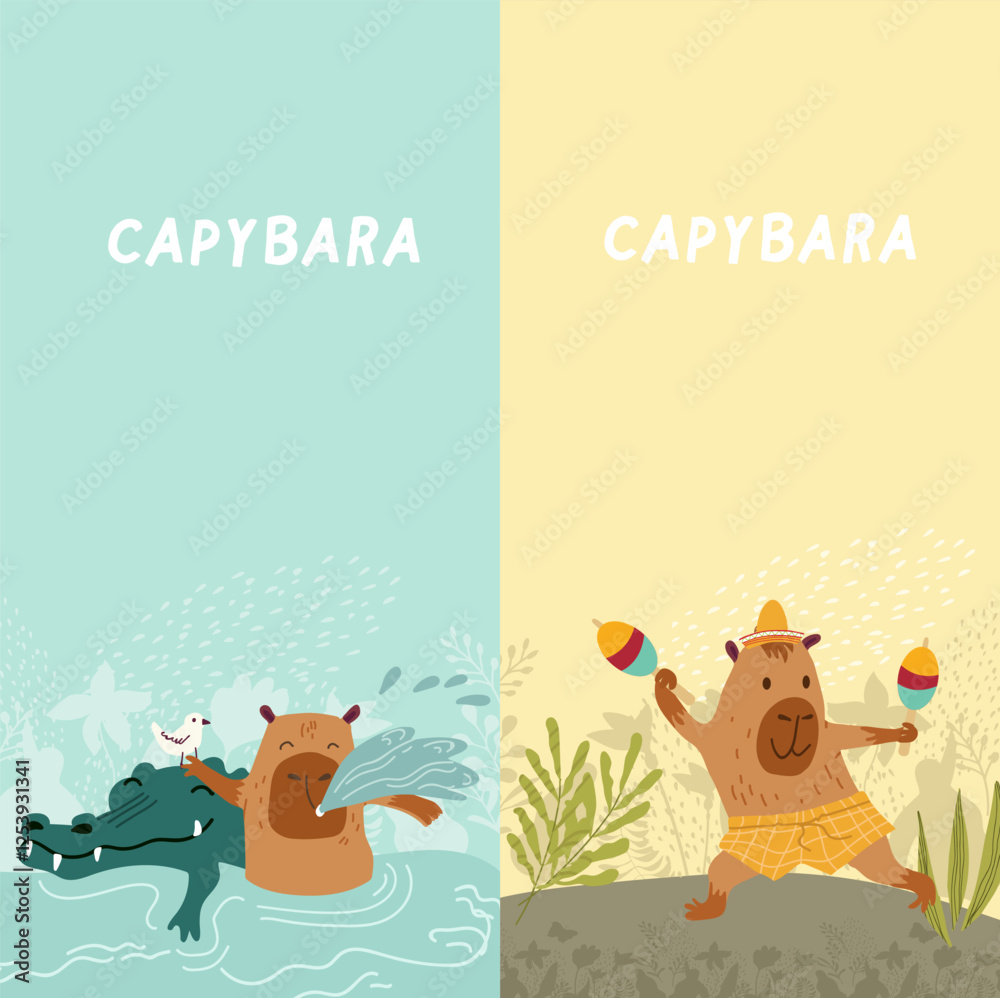 Vertical background with capybara, crocodile, with dancing capybara in ...