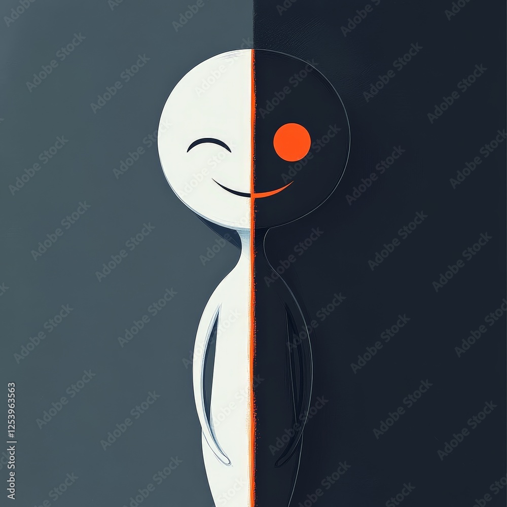 Smiling character showing positive and negative sides of personality ...