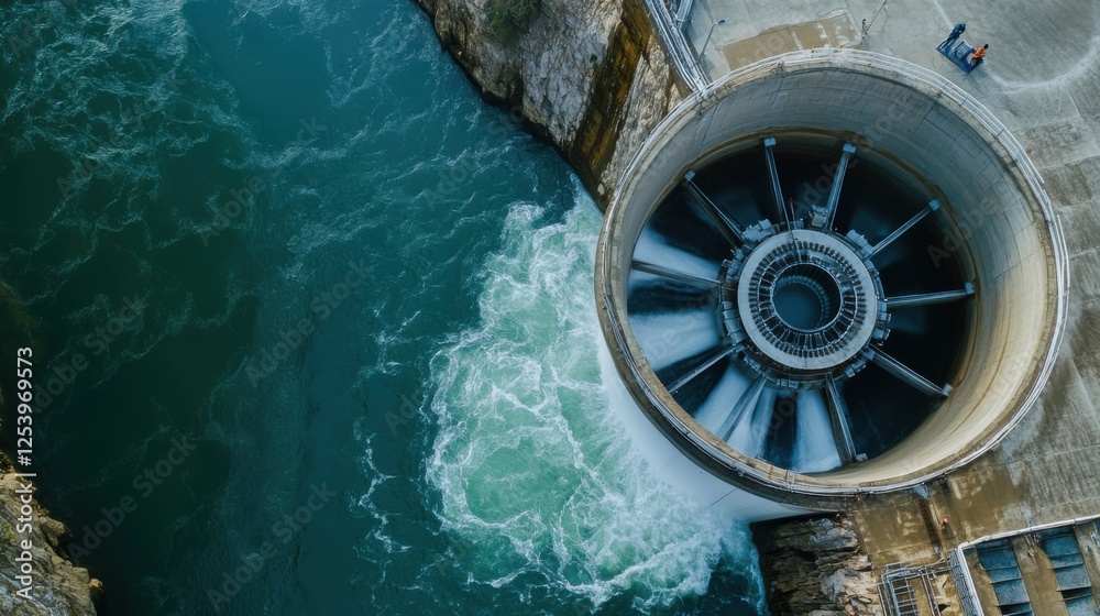 An aerial view of engineers in a hydroelectric power plant, managing ...