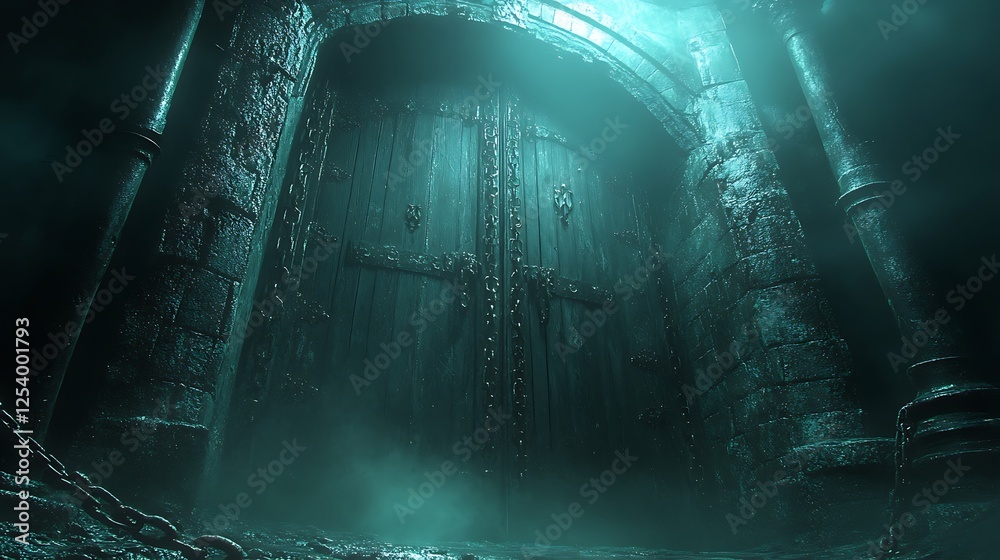 Gigantic iron doors chained shut with demonic carvings glowing in the ...