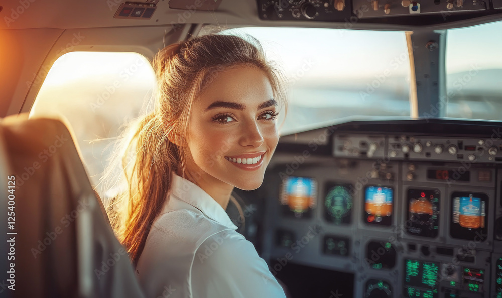Smiling female pilot in a cockpit illuminated by warm sunlight, showcasing confidence ...