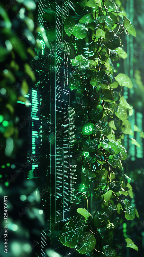 Glowing green AI vines intertwining with futuristic digital circuits in ...