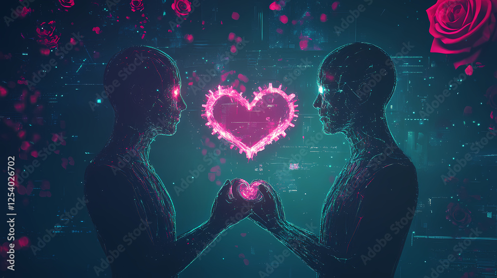 Two human silhouettes exchanging a glowing gear-shaped heart ... Two human silhouettes exchanging a glowing gear-shaped heart ...