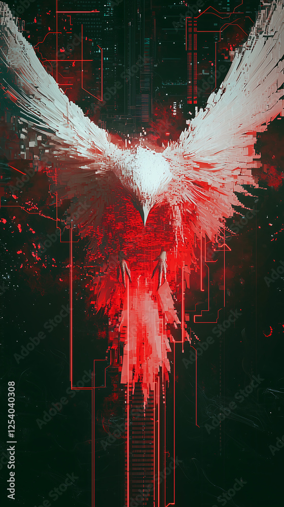 Glitch-art phoenix rising from burning computer server in cyberpunk ...