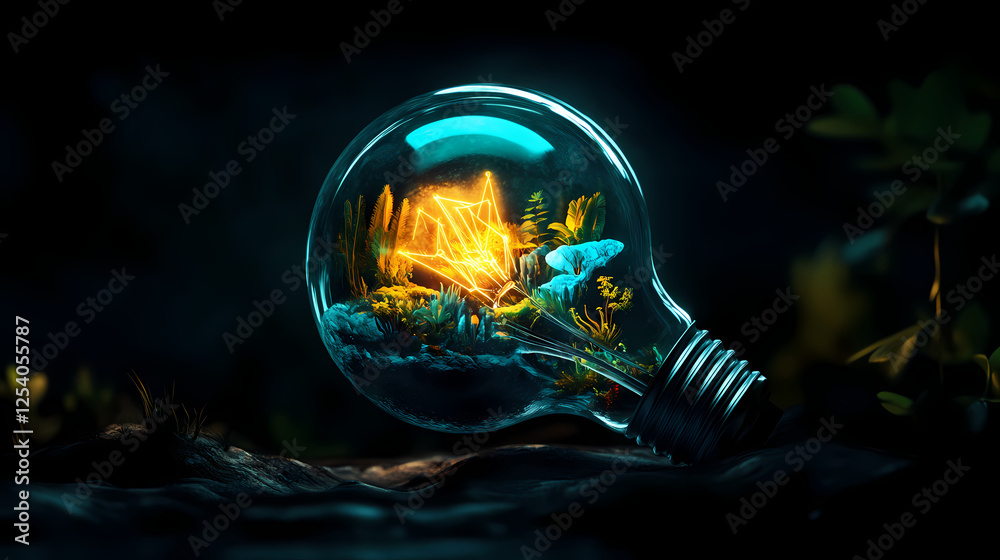 A glowing lightbulb depicts earth as a sustainable ecosystem using ...