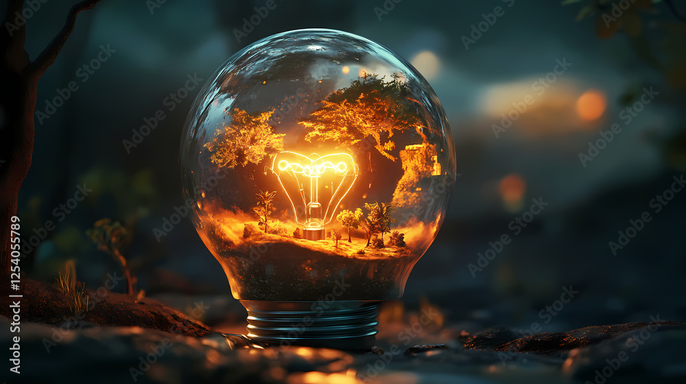 A glowing lightbulb depicts earth as a sustainable ecosystem using ...