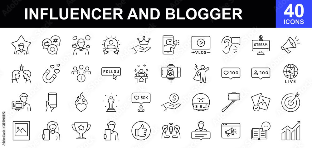 Influencer and blogger icon set. Containing influencer, content ...
