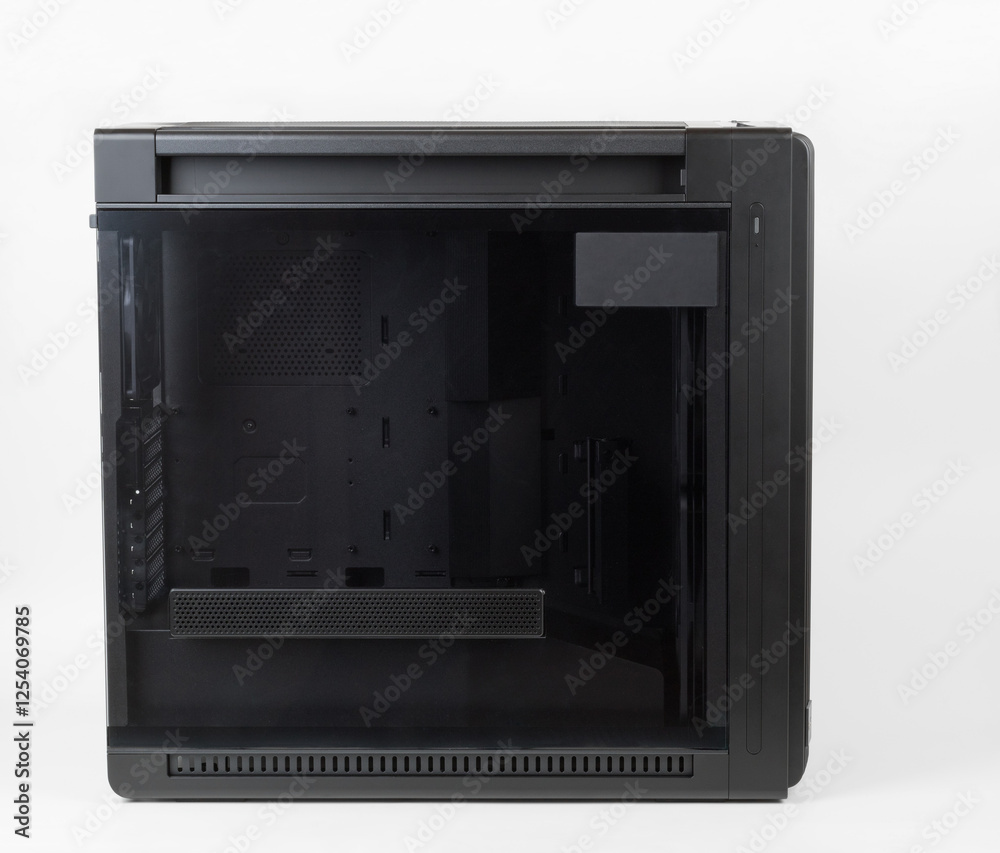 Side view of empty big tower, PC case, chassis, tempered-glass left ...