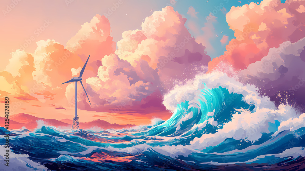 Offshore wind turbine enduring massive ocean waves during stormy ...