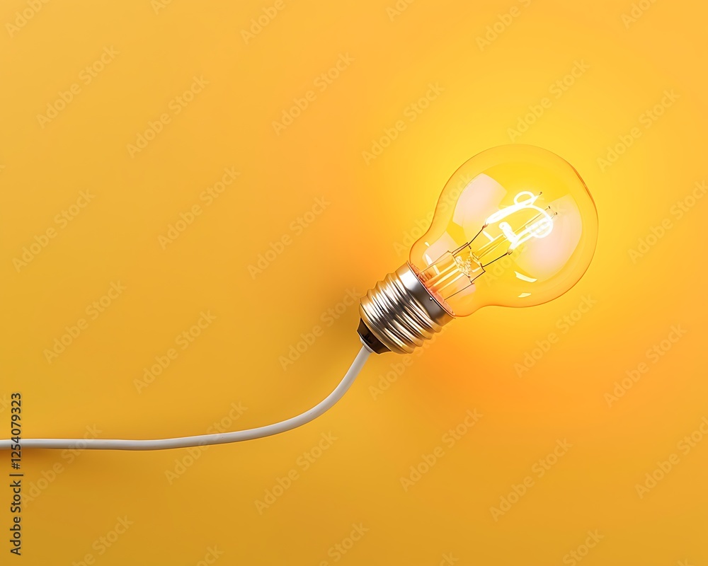 Illuminated light bulb connected to a cable on a bright yellow surface ...