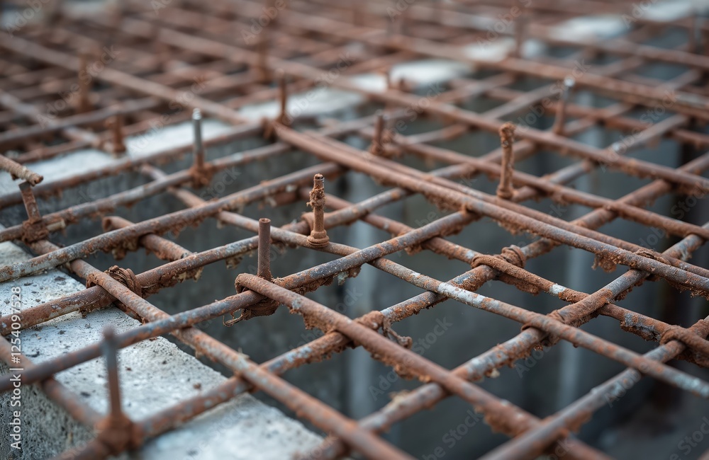 Rusty rebar grid reinforcing concrete foundation construction. Steel ...