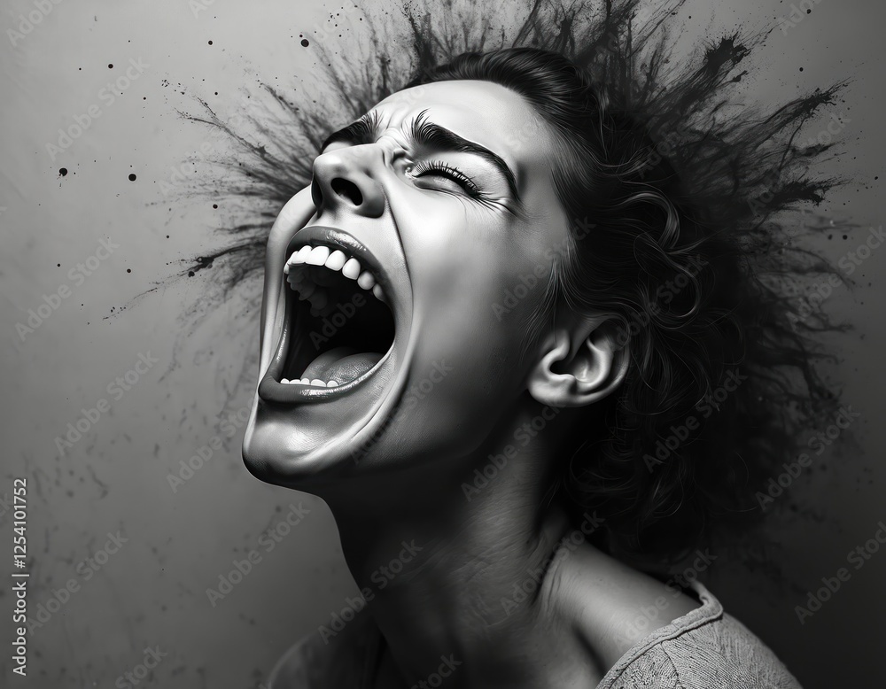 Monochrome photo features woman face expressing scream and emotion ...