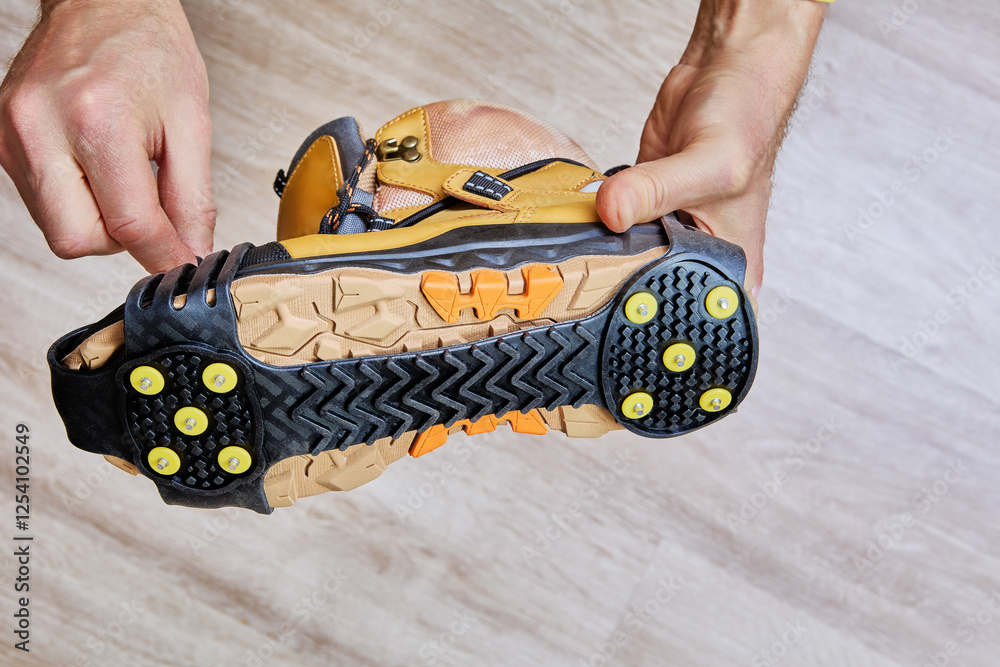 Traction cleats attached to boot sole provide enhanced grip and safety ...