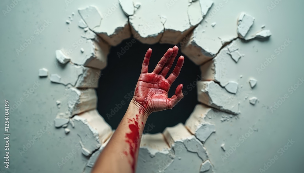 Bloody hand reaches desperately through a broken wall opening. Evokes ...