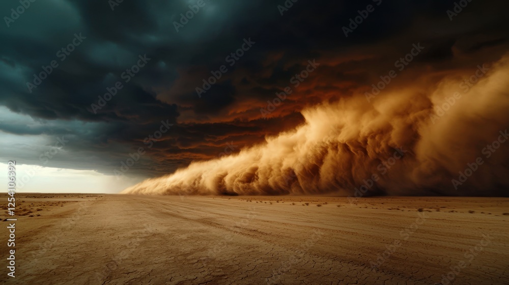A powerful dust storm surges toward a barren desert landscape, with ...