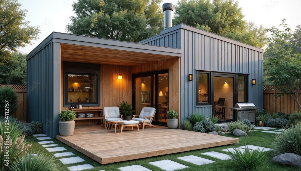 Exterior view of Accessory Dwelling Unit. Small house with wooden deck, garden, lawn. Concept ...