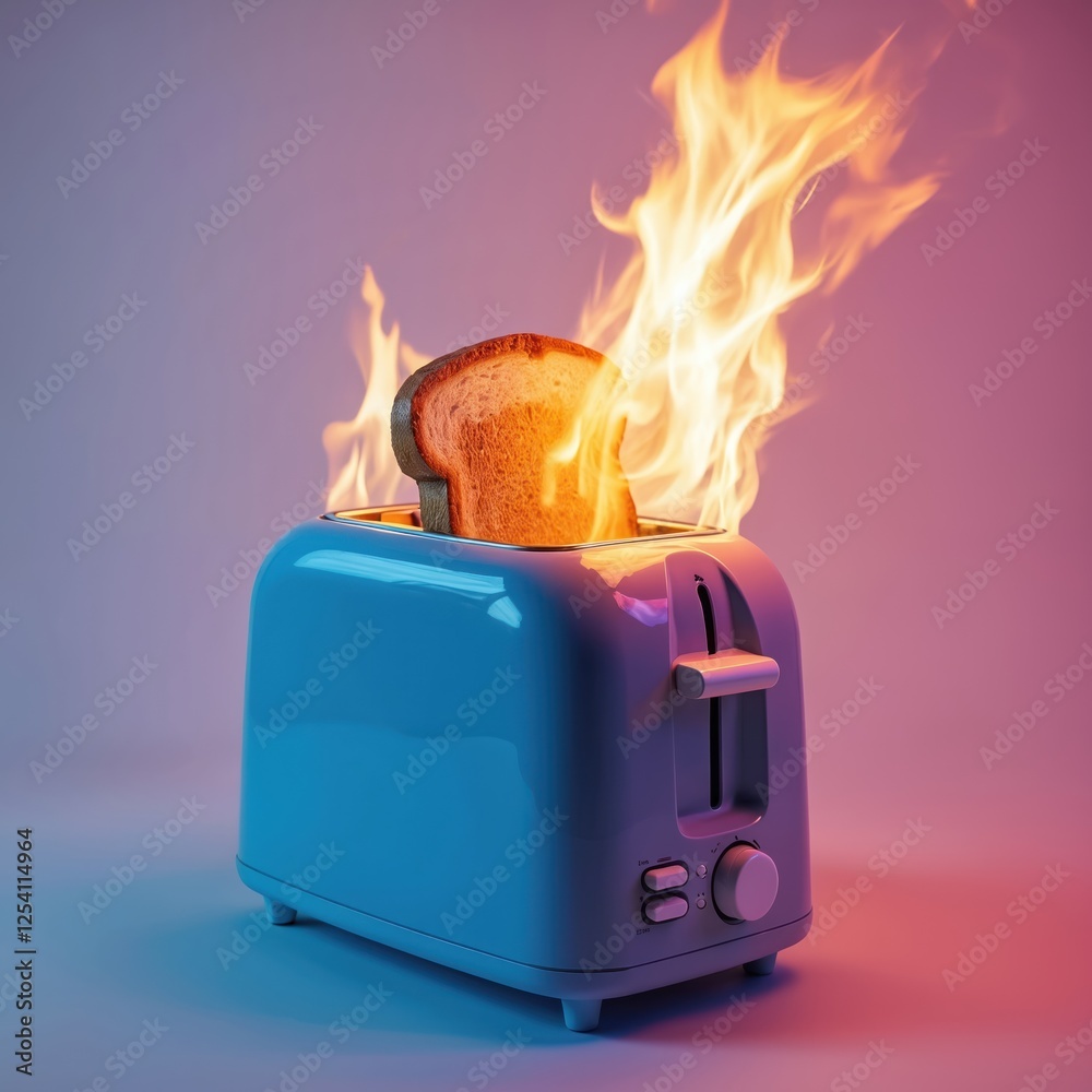 Toast on fire in light blue toaster against gradient background ...