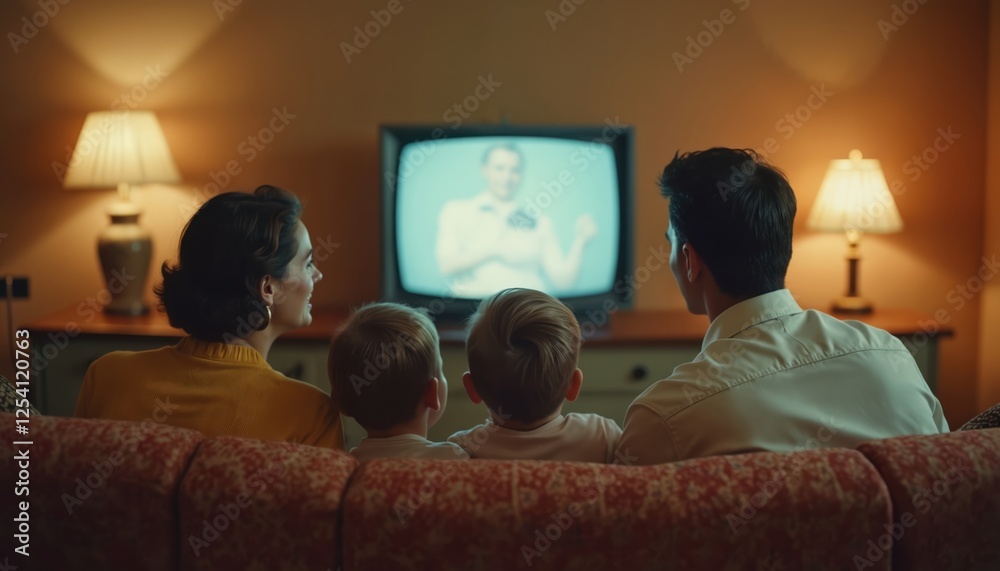 Foto de Stock Vintage family sits on couch watching TV at home. Rear ...