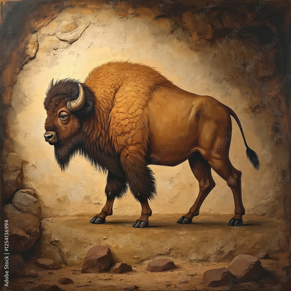 Bison cave painting illustration. Prehistoric art glimpse, stone age ...