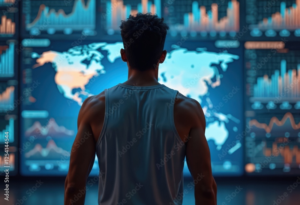 Athletic man analyzes sports data using AI. Athlete optimizes training ...