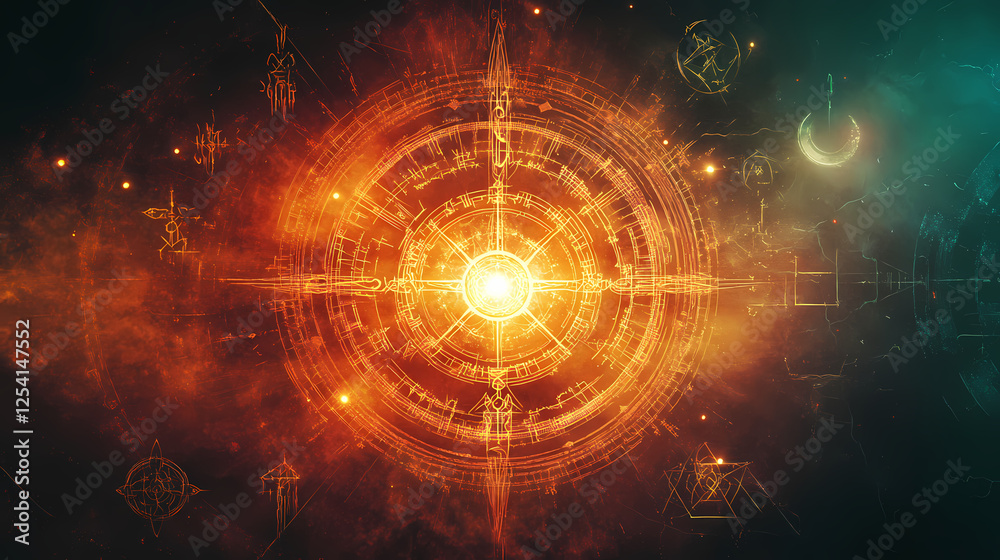 Glowing ancient runes and mystical symbols radiating ethereal energy ...
