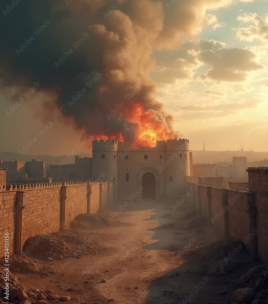 Jericho fortress under fire with dynamic lighting, shadows. Walls ...