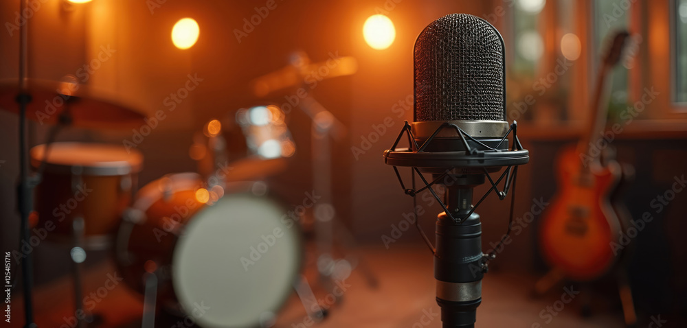 Vintage microphone in music studio with warm ambient lighting. Retro instrument for performance ...