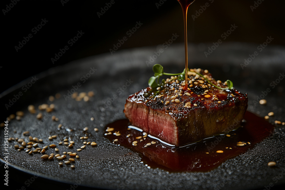 Haute cuisine close-up, seared Wagyu beef with artistic sauce drizzles ...