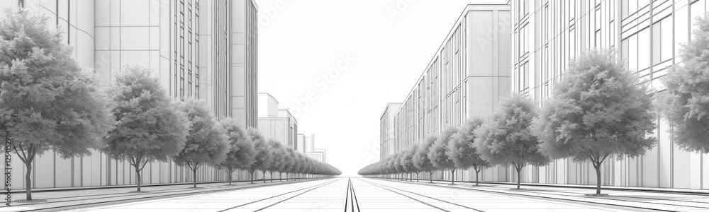 Wireframe of modern street with high-rise buildings, trees lining road ...