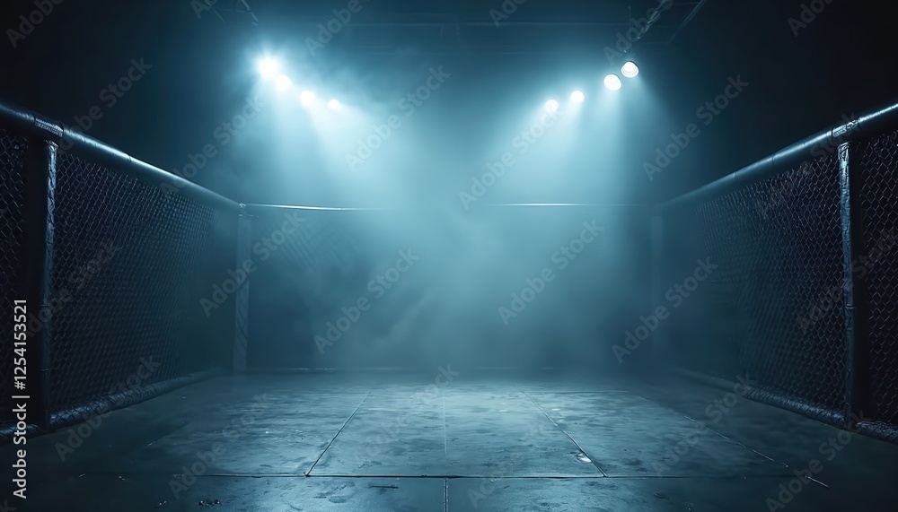 Dramatic empty MMA cage illuminated by spotlights and fog. Fighting ...