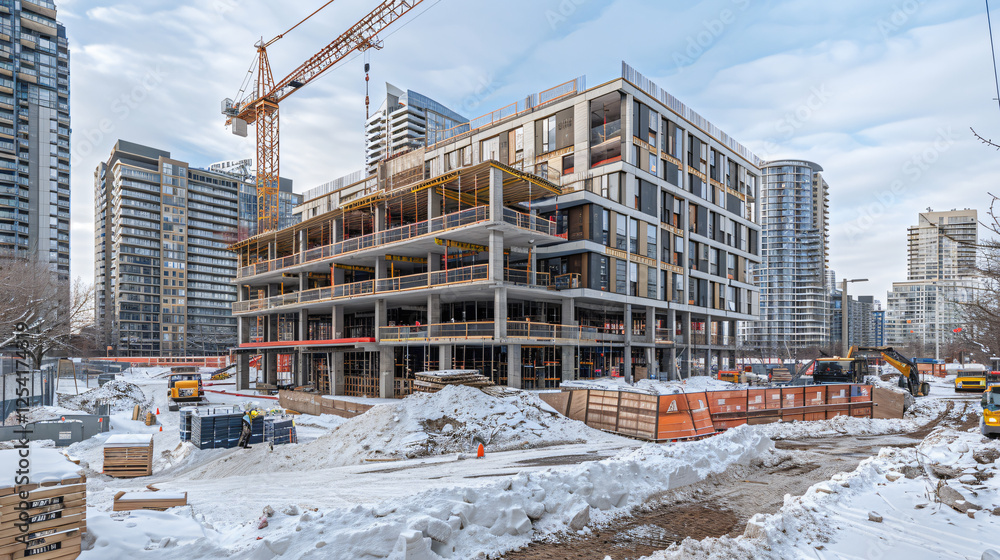 A high-rise building with standard cranes anchored to its framework ...