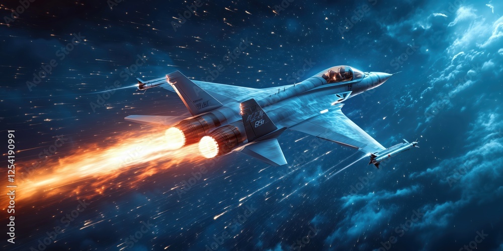 futuristic fighter jet captured at the exact moment of afterburner ...