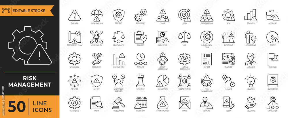 Risk Management icon set. Containing Risk analysis, risk investment ...
