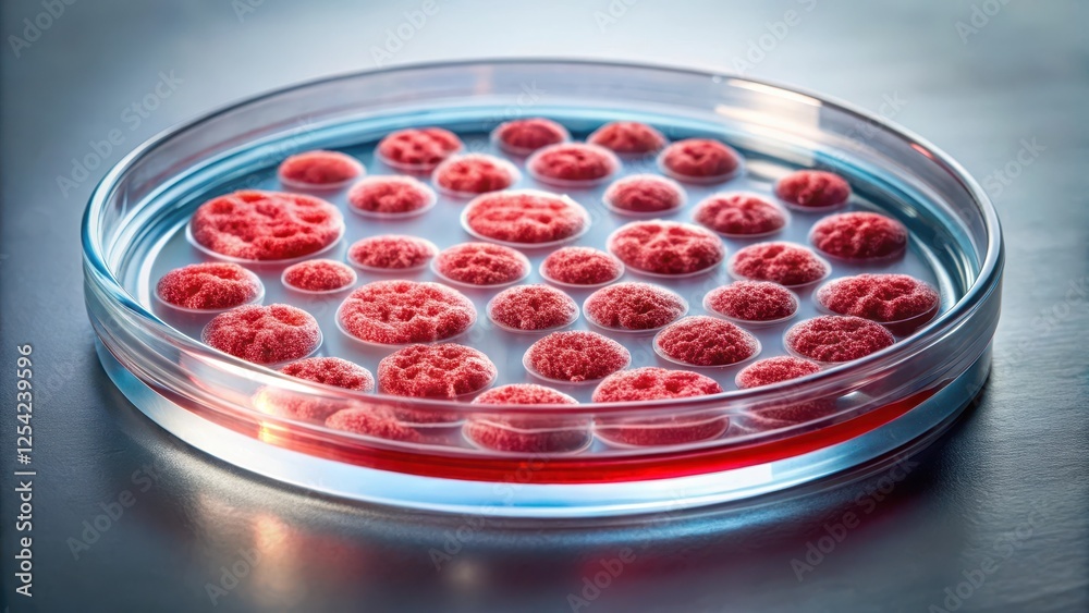Microscopic view of lab-grown meat cells cultured in a petri dish with ...