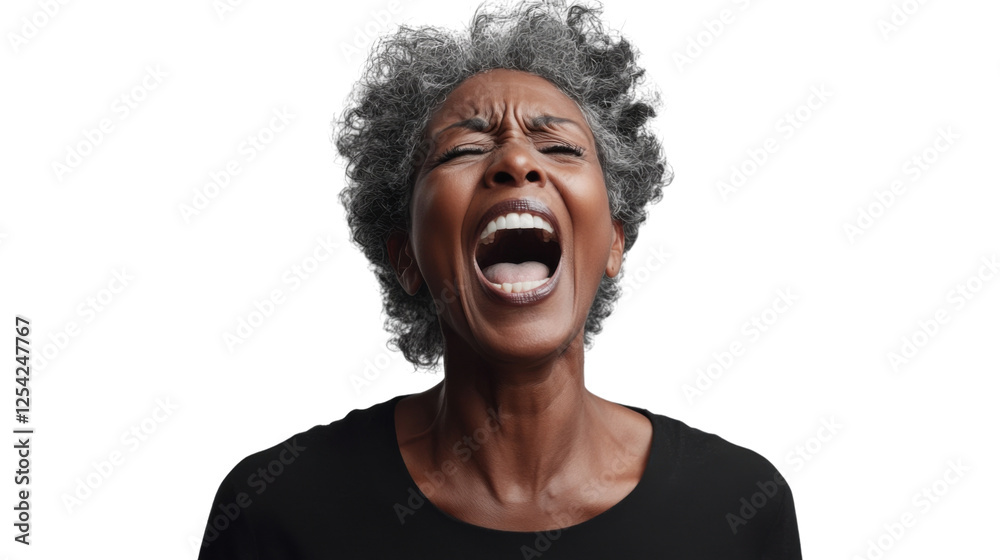 Angry senior woman shouting with grey hair on transparent background ...