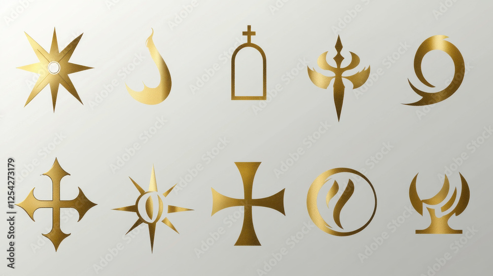 Minimalist golden religious symbols on a light background, representing ...