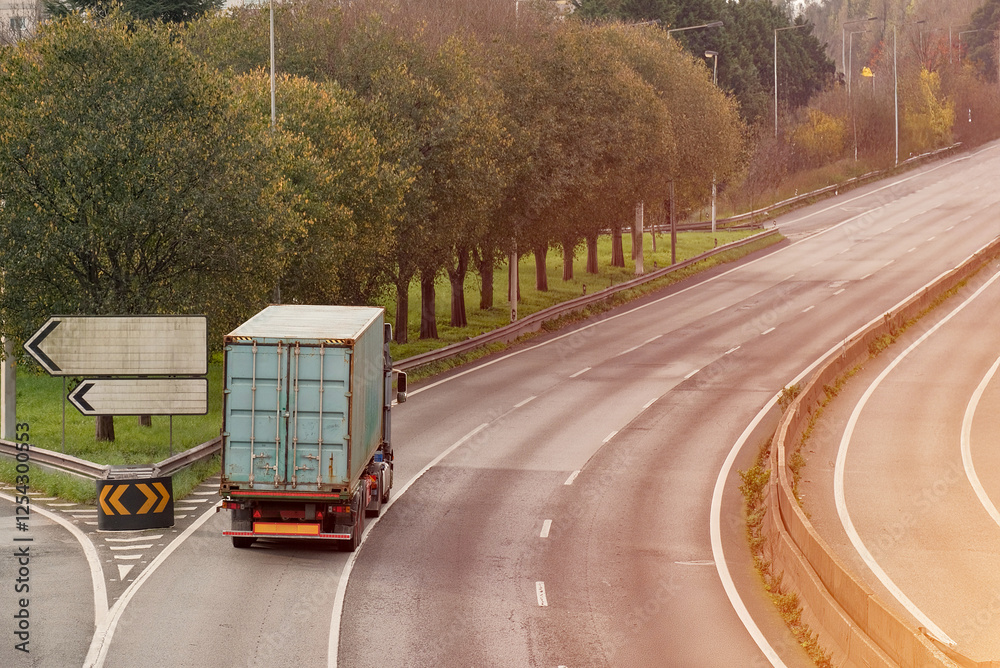 Cargo Truck Transporting Standard Size Container on Scenic Highway with ...