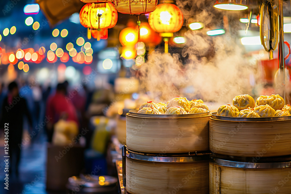 steaming dim sum stall, lantern-lit night market, authentic Asian ...