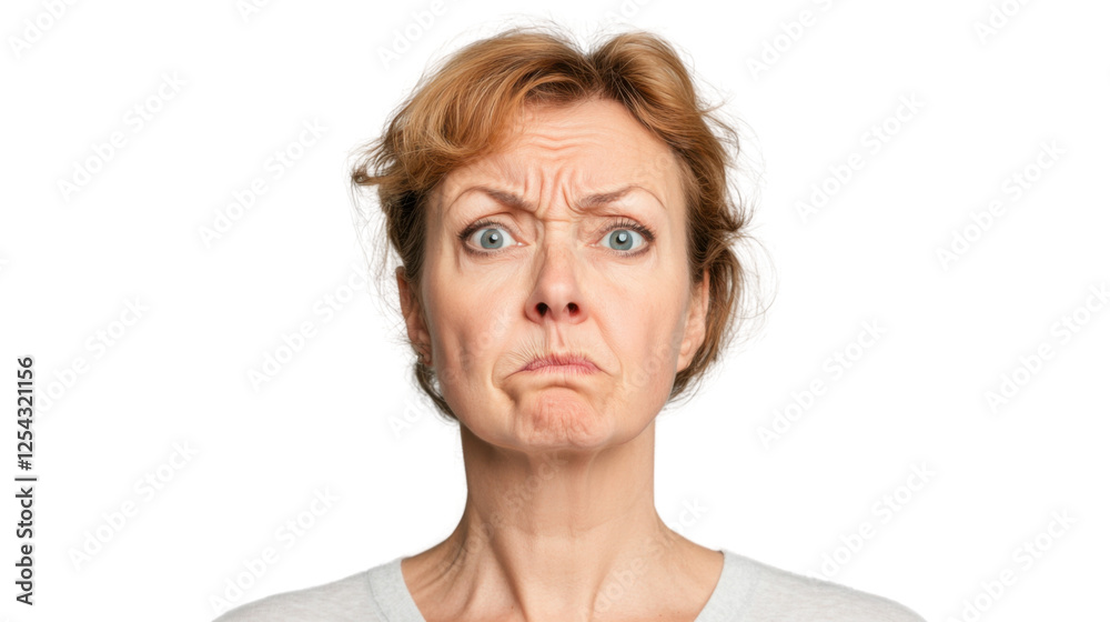 Portrait of confused mature woman with transparent background showing ...