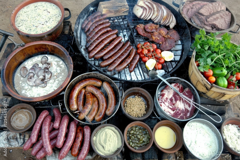 An inviting photo of braai, the South African barbecue, with a variety ...
