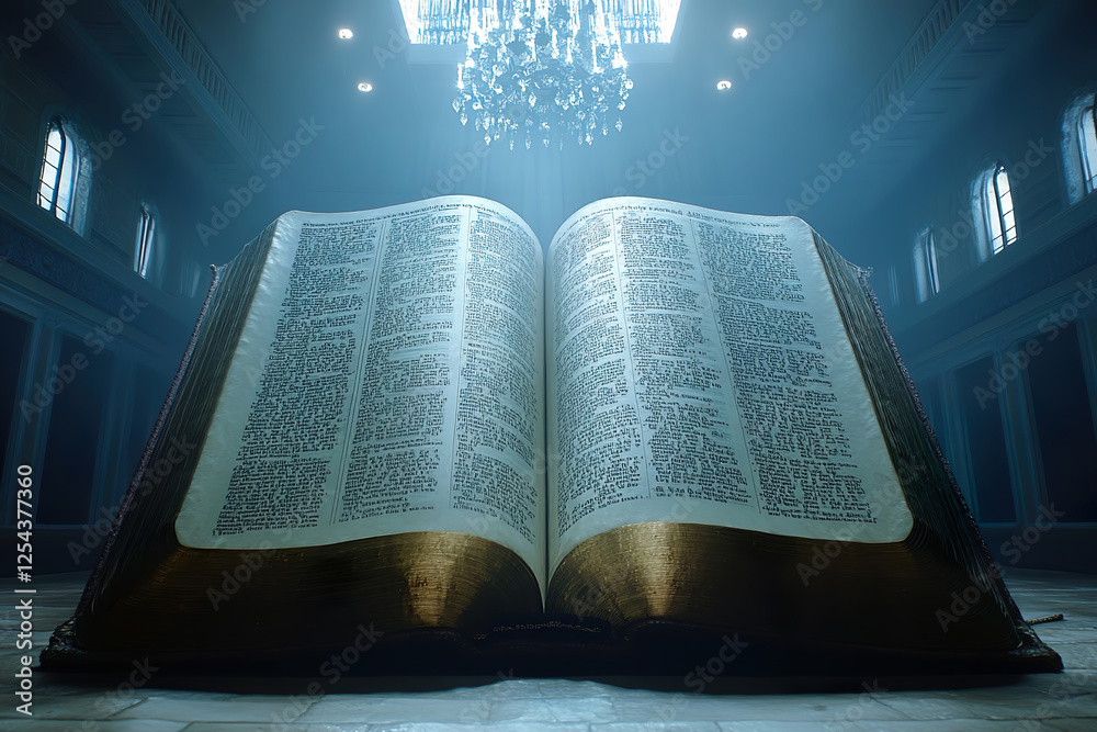 Image of a large, thick bible or open book in a dark, old and broken ...