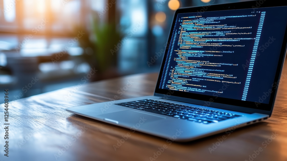 laptop displaying code on wooden table in modern workspace Stock Photo ...