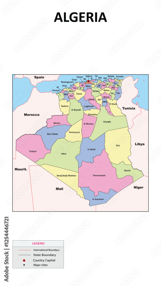 Algeria Map. State and union territories of Algeria with neighbouring ...