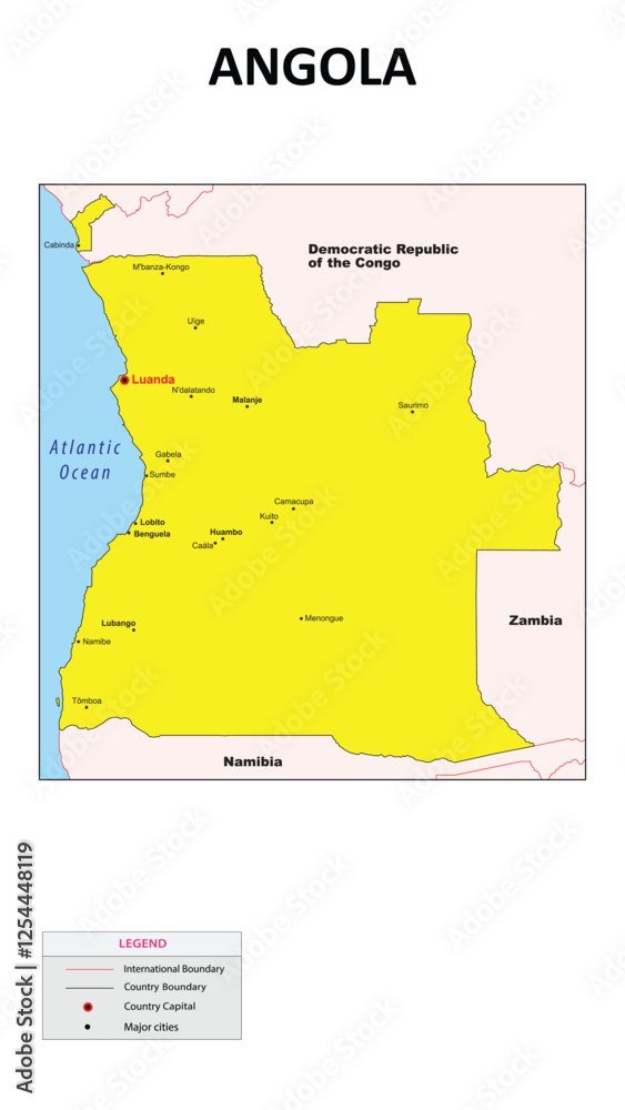 Angola Map. Major cities in Angola. Political map of Angola with border ...