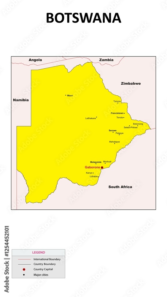 Botswana Map. Major cities in Botswana. Political map of Botswana with border and neighbouring ...