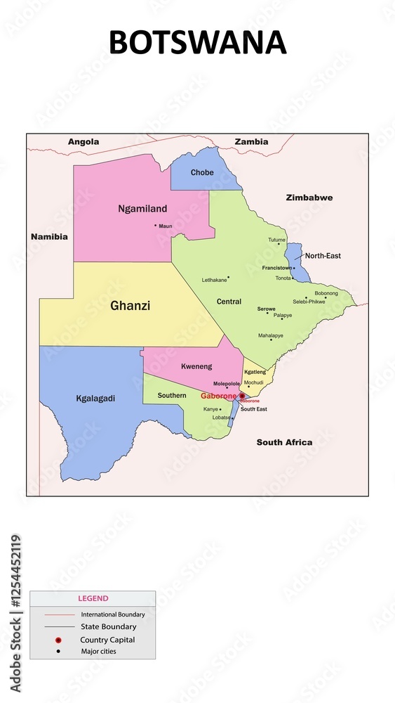 Botswana Map. State and union territories of Botswana with neighbouring ...